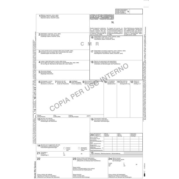 C.M.R. lettera vettura internazionale - 5 copie snap - 29,7 x